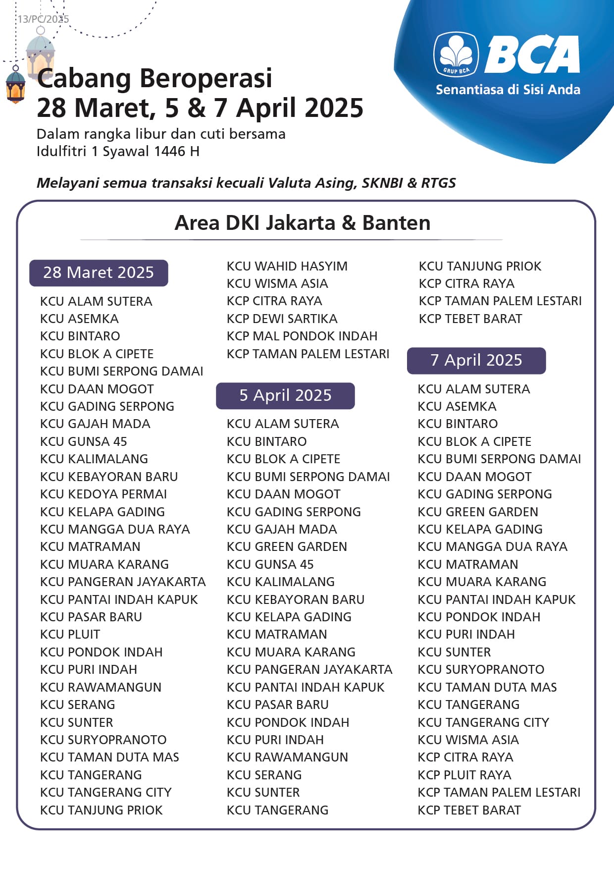 BCA - Informasi Daftar Cabang Beroperasi Periode Libur Idulfitri 2025